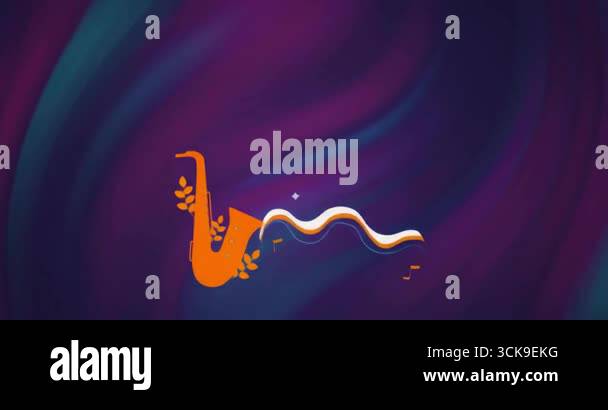 Orange saxophone sending ribbon waving, notes appearing and stars ...