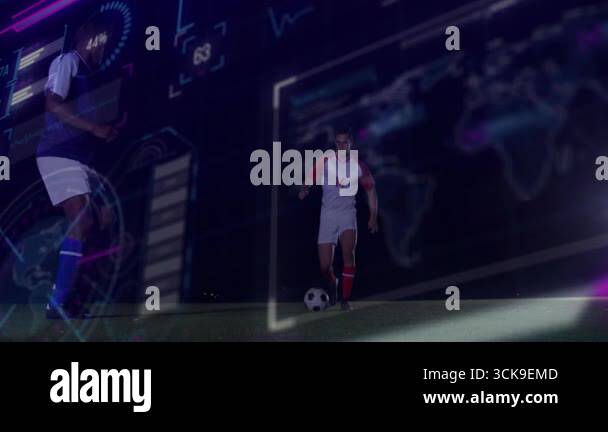 male soccer player dribbling and dodging sliding tackle to keep ball ...