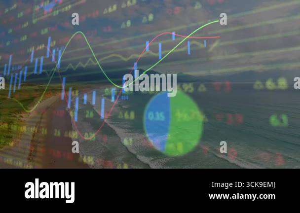 Green line sweeping above mountains, red line crossing with pulsing charts showing market shifts ...