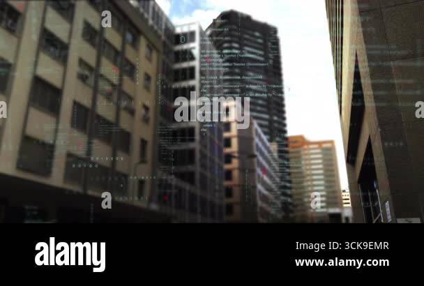 Code fading in shifting focus with white car crossing street flickering highlights visualizing ...