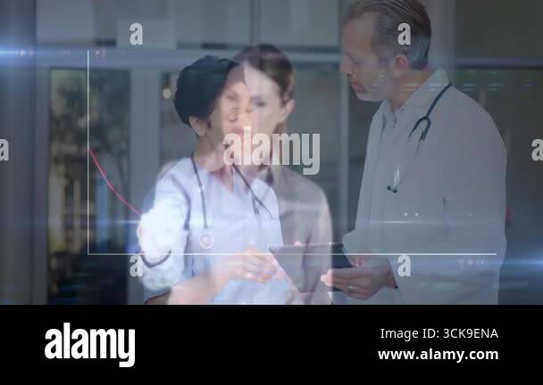 Doctor lifting pointer and drawing red line on clear display, shaking ...