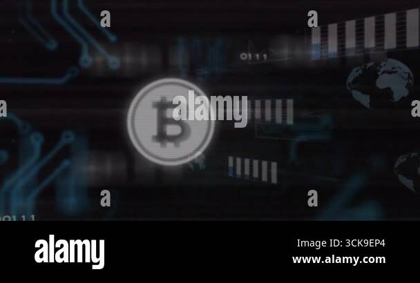 Black Frame Fading Into Glowing Bitcoin Coin Circuit Pulsing And Bits Flowing For Crypto