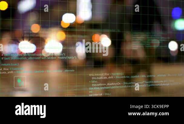 Green grid overlay appearing on night road, code scrolling and icons emerging into AR display ...