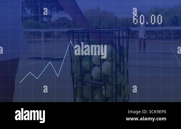 Player grabbing from basket swinging racket while line graph overlay ...