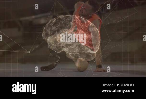 3D brain appearing driving athlete lifting in side plank showing brain ...