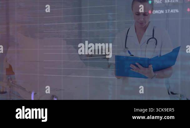 Doctor holding folder and activating animated chart overlay for patient ...