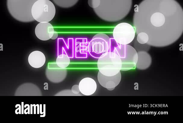 Dark gradient shifting as neon text and green bars emerging, bokeh orbs ...