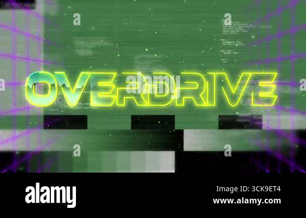 Animating neon text OVERDRIVE materializing on glitchy grid, static particles, blue diamond ...