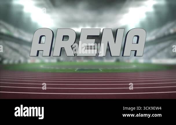 Sliding silver 3D ARENA text shifting shading over empty outdoor sports ...