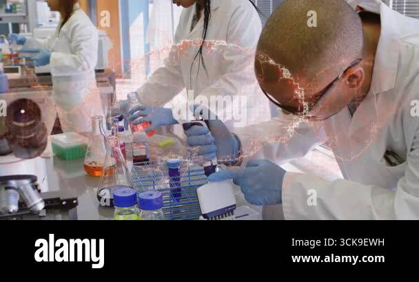 lab scientists aspirating pipette and pouring reagent as digital globe swirling visualizing data ...