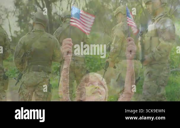 Military patrol marching forest path, crossfading into boy waving flags ...