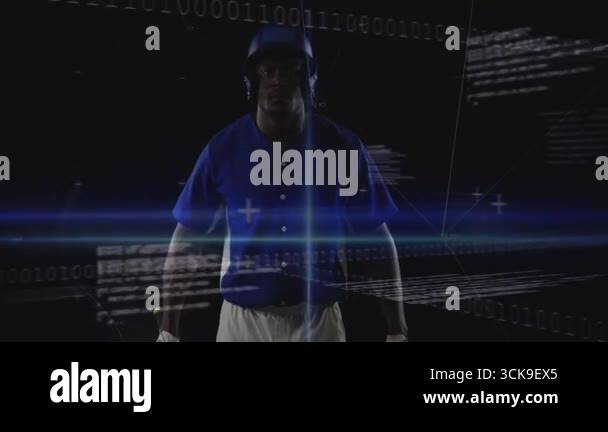 Baseball player gripping emerging bat shifting into swing ready stance in data grid with code ...