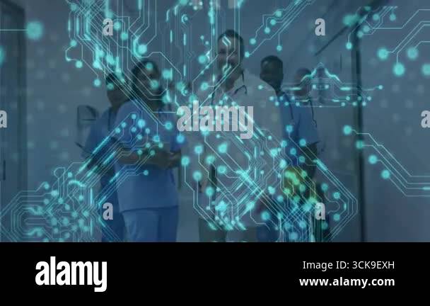 Glowing circuit overlay moving revealing medical team walking pulsing ...