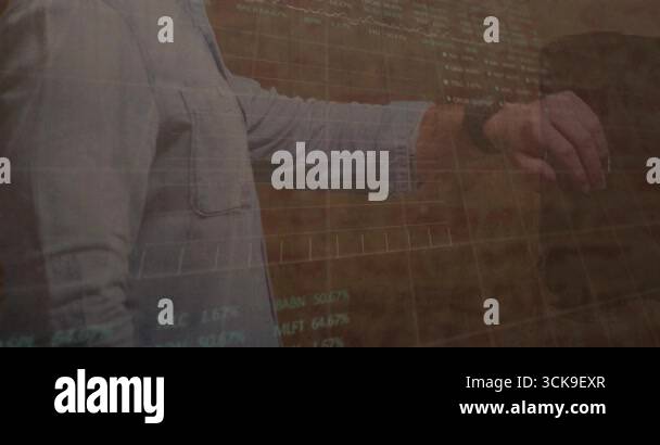 man tapping smartwatch in office, visualizing bar chart morphing line ...