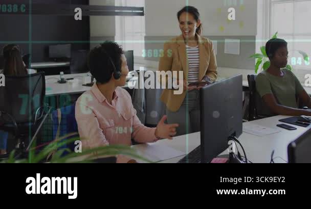 Headset woman greeting smartphone-holding colleague and highlighting ...