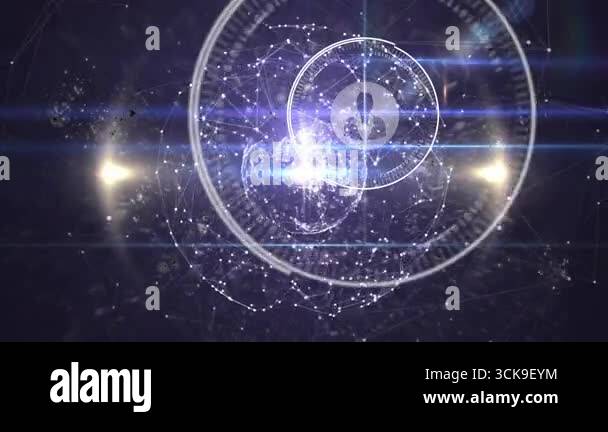 Node cluster coalescing into wireframe sphere, pulsing expanding HUD rings visualizing user ...