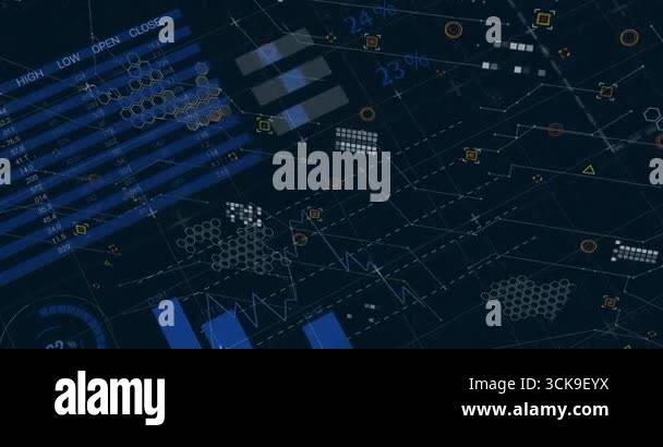 Opening interface animating table, gauge, tilting bars, sliding circles, forming map showing ...