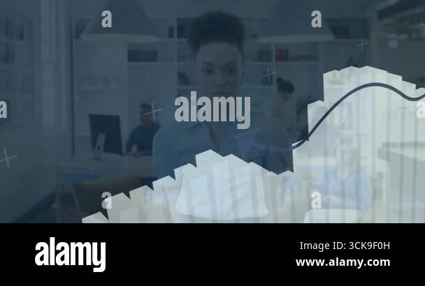 Bars rising from left overlaying woman at center initiating graph and ...