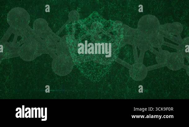 Linked spheres chain scrolling, nodes pulsing merging into face shield illustrating data ...
