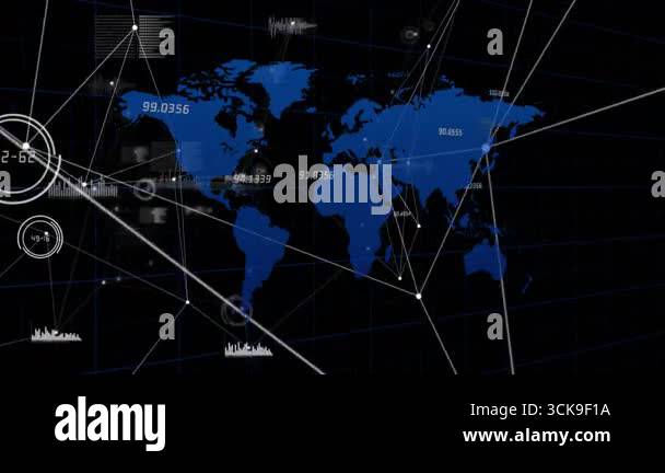 Opening interface showing blue world map pulsing circles numeric labels ...