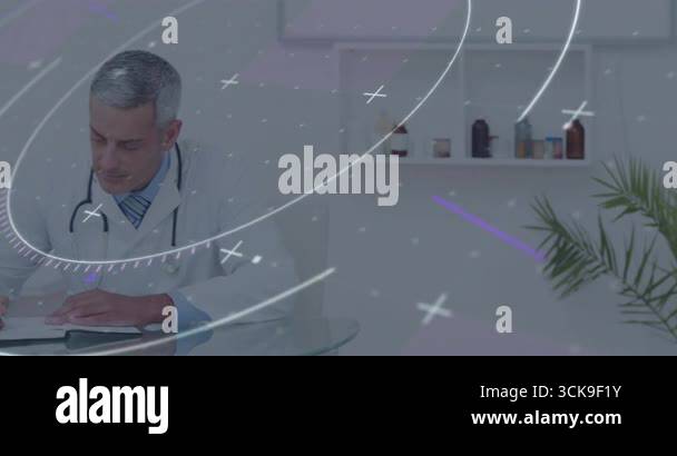 Translucent overlay fading, showing doctor with stethoscope writing on ...