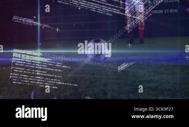 Male footballer reading sports analytics overlays on pitch and ...