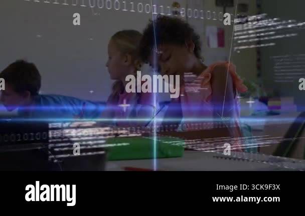 Students writing notebooks in classroom causing binary code overlay highlighting girl in pink ...