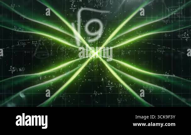 Upon startup neon beams converging at node pulsing equations symbols animating math progression ...