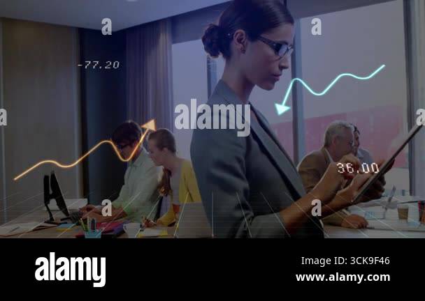 Businesswoman tapping tablet causing color-shifting line graphs updating colleagues during ...