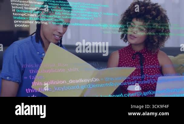 Man flipping folder as woman comparing laptop designs causing code overlay powering ...