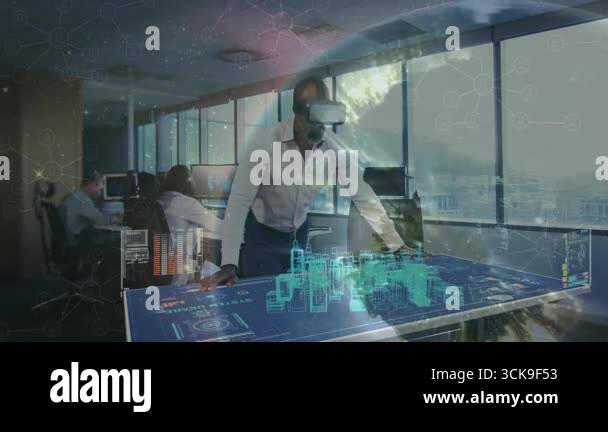 Man stepping onto tabletop and donning VR headset, generating 3D city ...