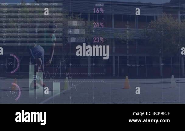 Player assuming stance, dribbling cones in sports tech with bar chart ...
