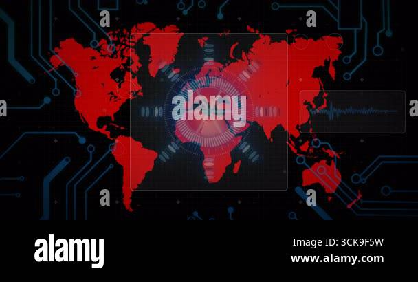 On launch red world map appearing scanning overlay and pulsing rings visualizing network ...