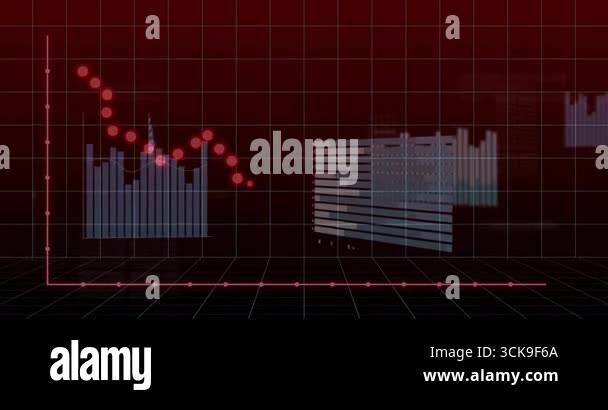 Red dotted line initiating above bars, tracing downward trend as camera rotating showing data ...