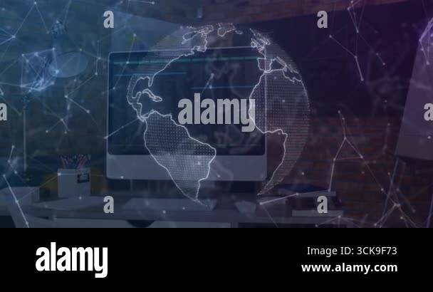 Network nodes flickering and connecting into rotating wireframe globe ...