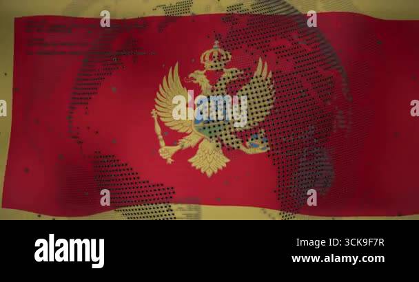 Rippling red flag starting drifting dots rotating globe behind emerging ...