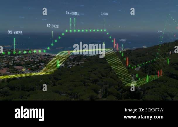 Animated graphic starting with aerial view then rising dotted curve ...