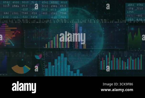 On sphere pulse, animated data dashboard displaying tables and charts updating to visualize ...