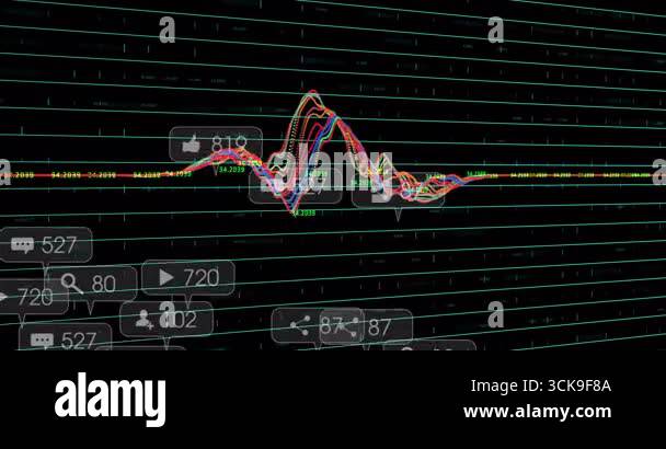Waveform oscillating on neon green grid then raising peak to show data, icons floating and ...