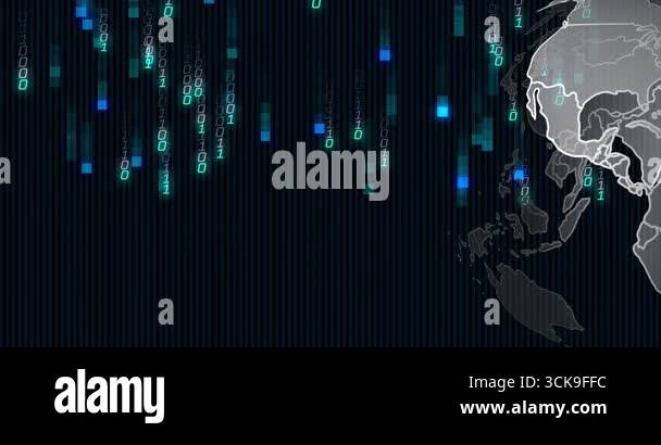 Streaming binary digits causing globe rotating over dark stripes, revealing continents in data ...
