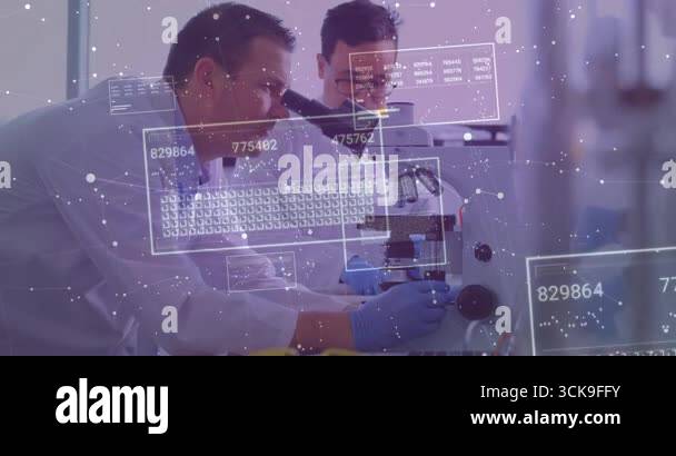 Scientists adjusting microscope focus after 1-second, digital panels appearing updating lab data ...