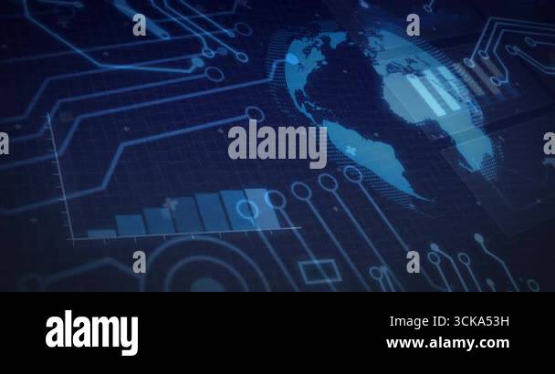 Upon grid forming, 3D globe rotating with pulsing circuits and filling bars, visualizing data ...