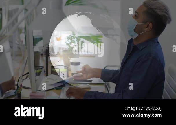 Masked business worker receiving chart while analyzing graph and noting ...