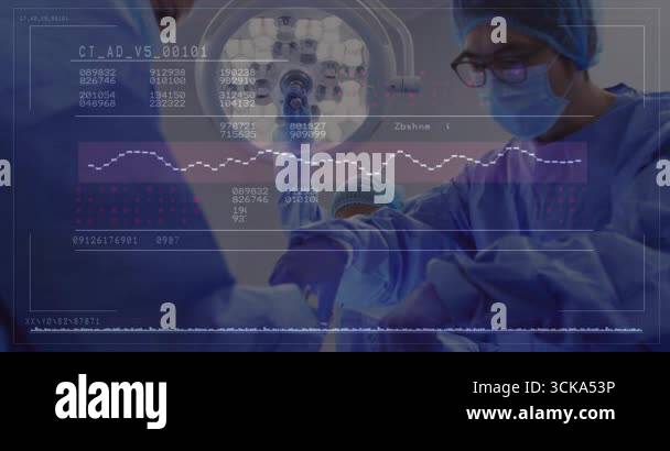 Surgical team adjusting lamp while CT AD V5 00101 overlay scrolling ...