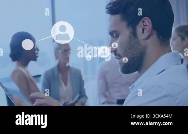 Male tapping tablet touchscreen and visualizing expanding digital ...