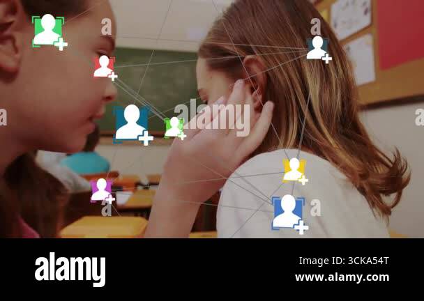 Girl whispering secret to classmate causing network icons linking ...