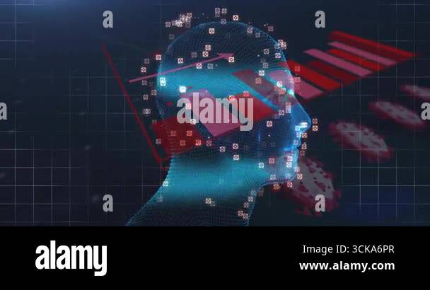 Upon launch wireframe head pivoting chart building pink trend line ...