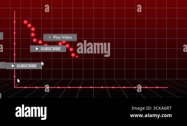 Glowing red dots starting trend descending with subscribe and badges fading illustrating ...