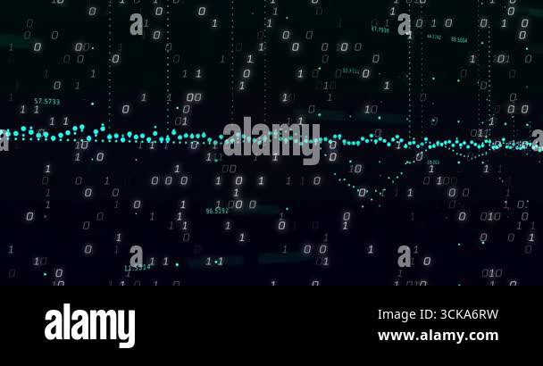 When thin teal dot line appearing, waveform oscillating and data streams rising, showing code ...