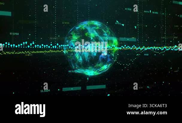 Fading sphere glowing in data field while waveform dots sliding bisecting and streams looping ...
